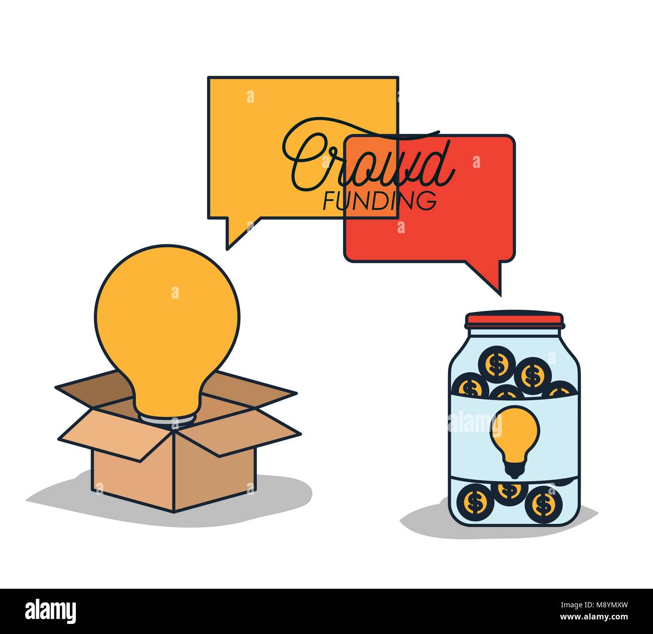 crowdfunding poster with cardboard box and light bulb and savings ...