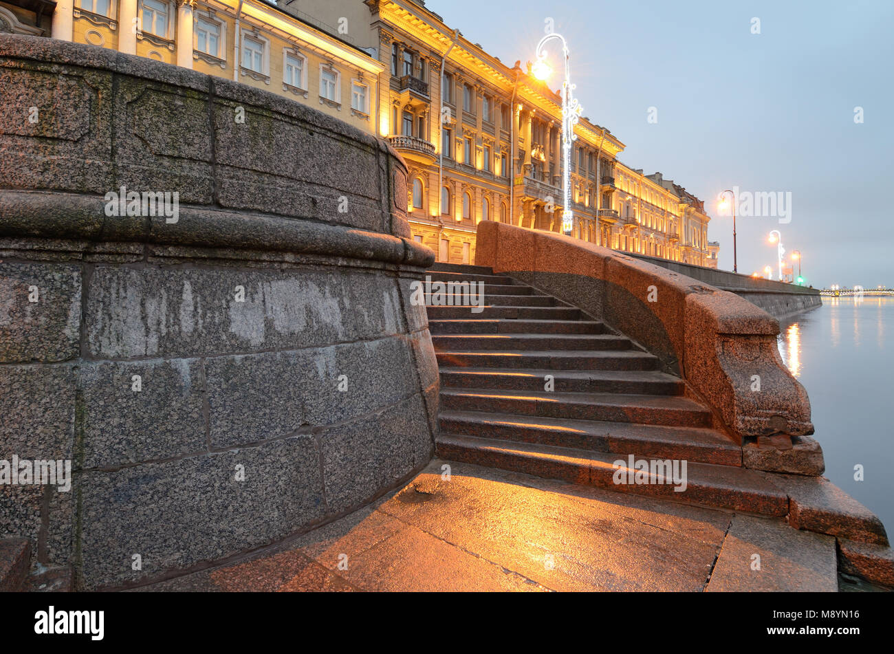 City skyline at night.The promenade illuminated by electric lights from ...