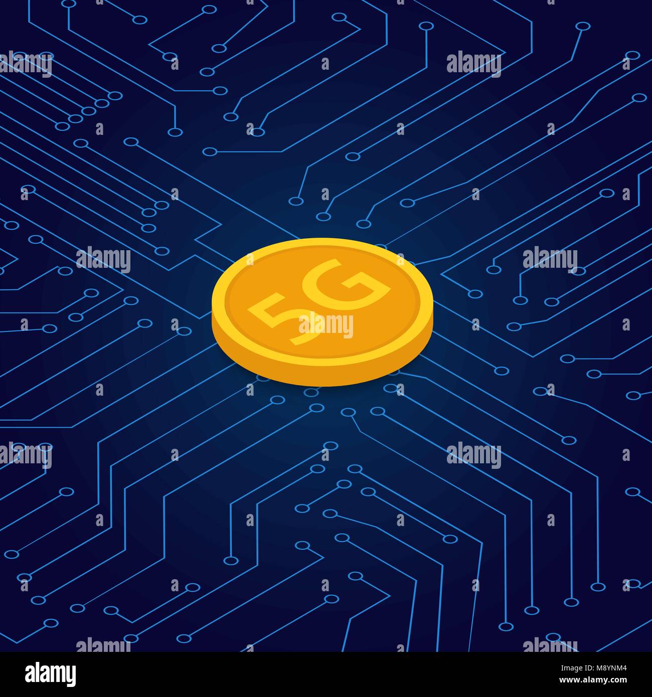 5G symbol on the background of the contacts of the computer motherboard ...