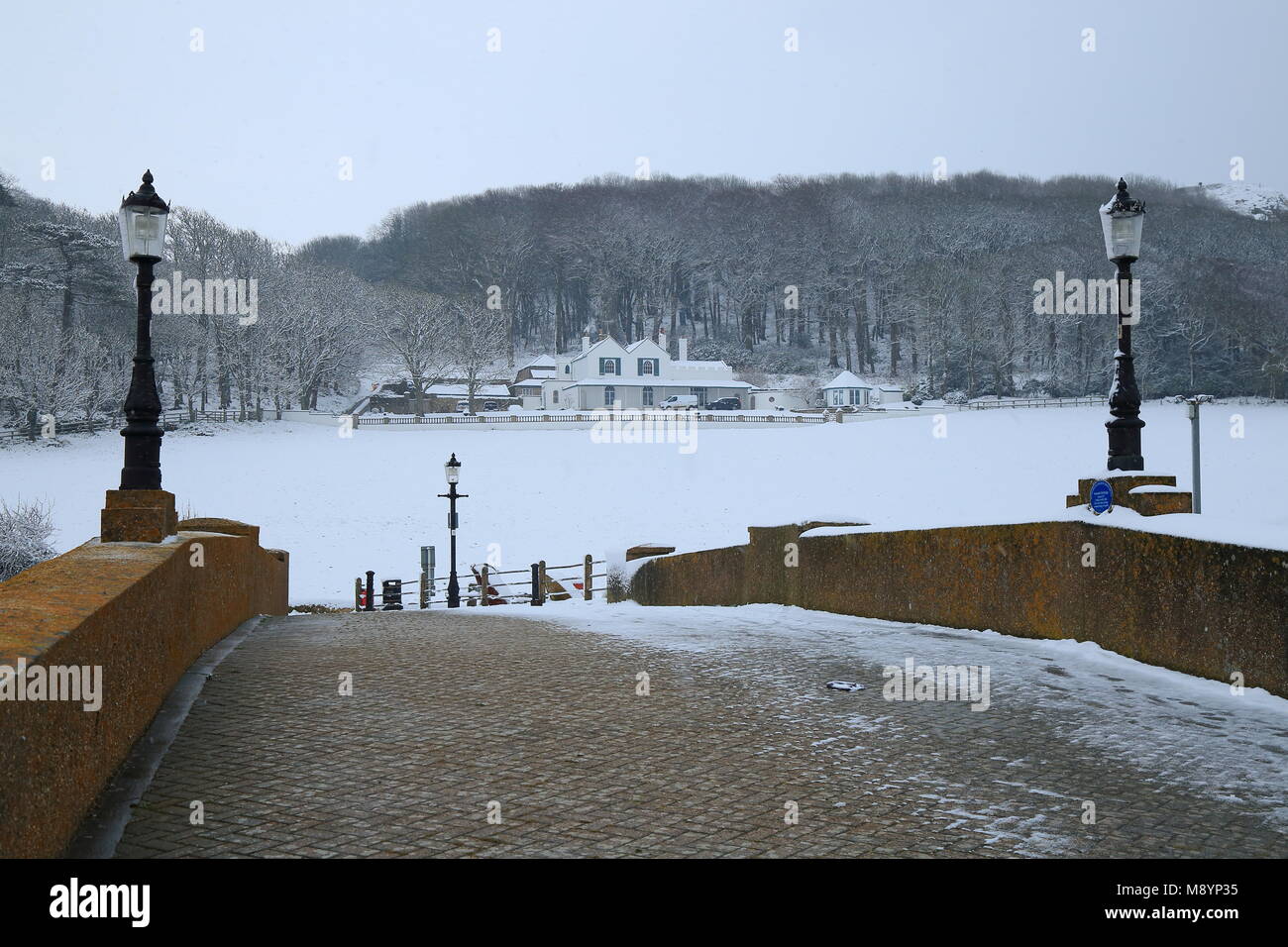 Axmouth Old Bridge in town of Seaton, East Devon in winter Stock Photo ...