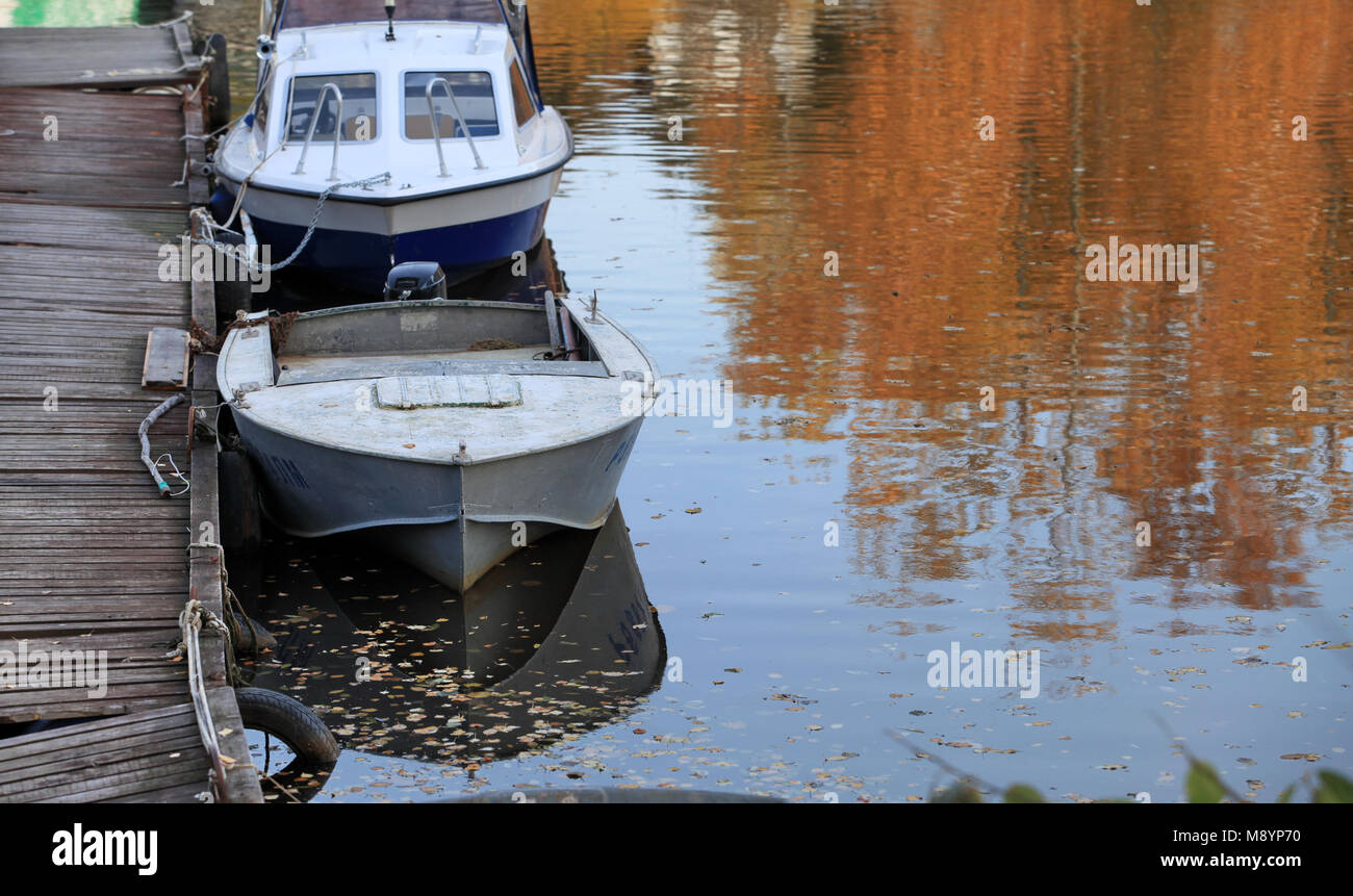 old motor boat at the pier front view Stock Photo - Alamy
