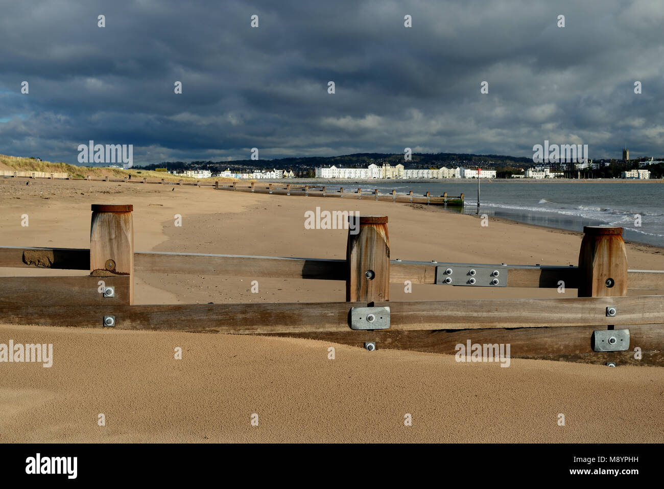 Groynes on Dawlish Warren beach, looking towards Exmouth Stock Photo ...