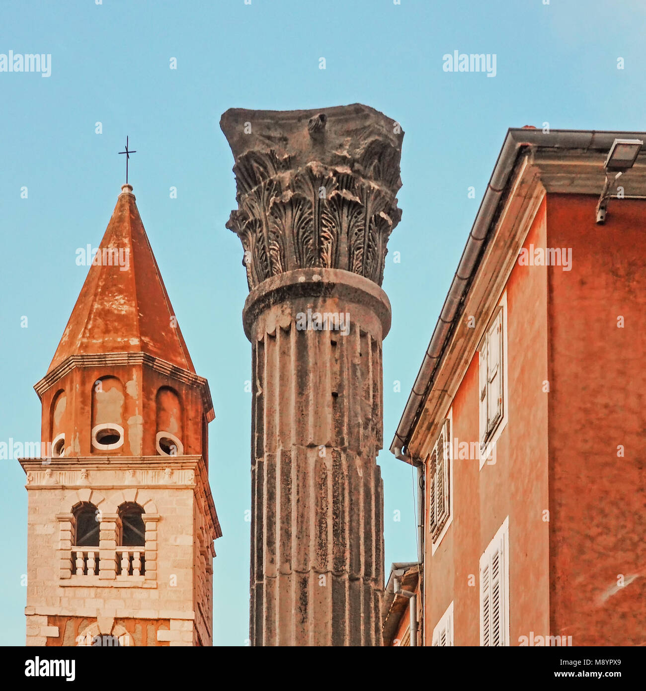 Church of St. Simeon and historical pillar in the old town of Zadar ...
