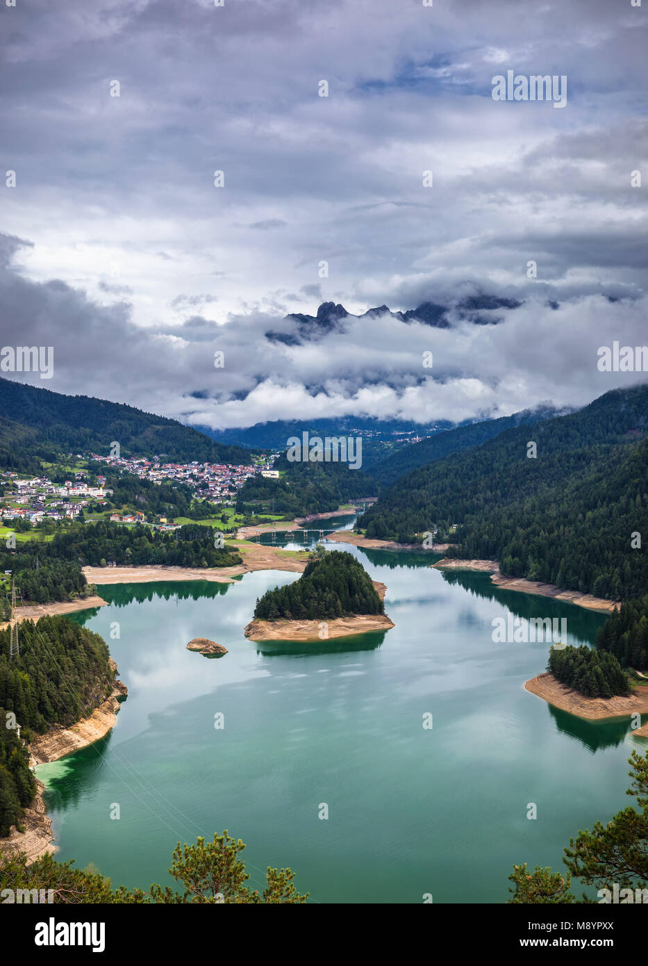 Panoramic view of lake of Centro Cadore in the Alps in Italy, Dolomites ...