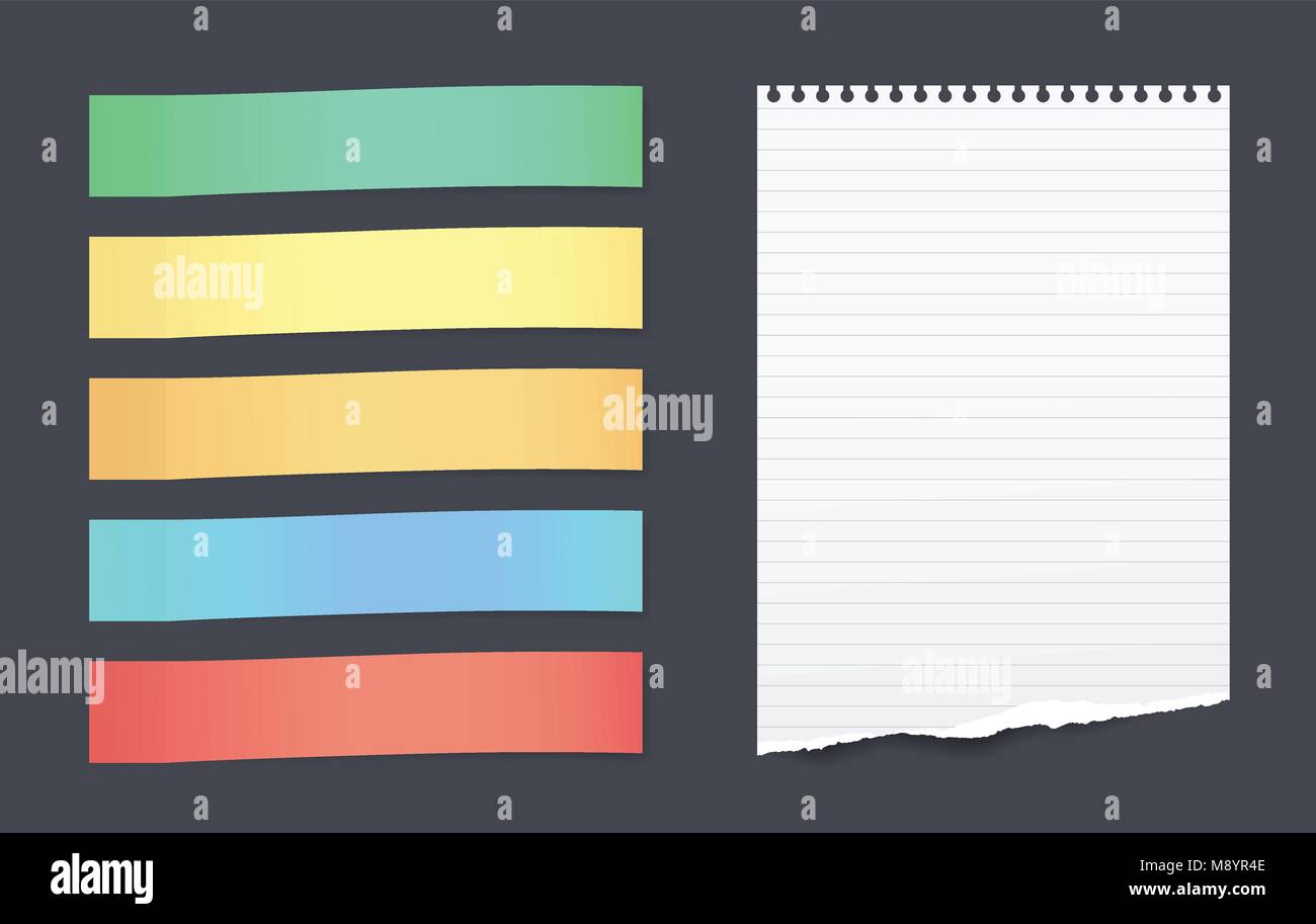 Set of colorful horizontal sticky notes with torn lined paper sheet for ...