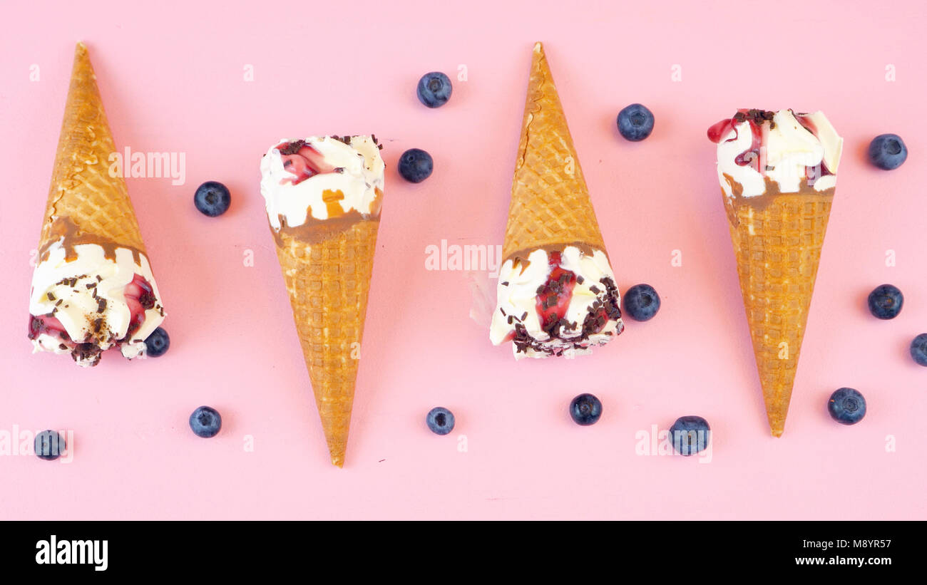 Summertime Berry And Chocolate Ice Cream Cones Overhead Flat Lay With