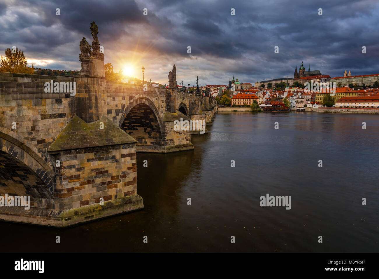 Famous Charles bridge in the sunset light, beautiful scenary and one of ...