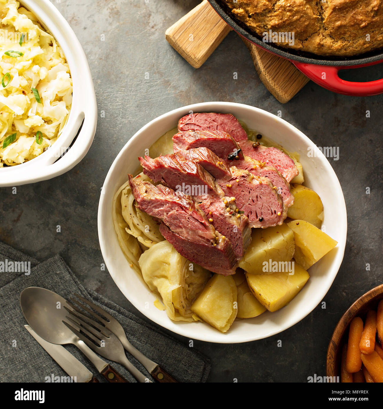 Traditional Irish dinner with corned beef and colcannon Stock Photo - Alamy