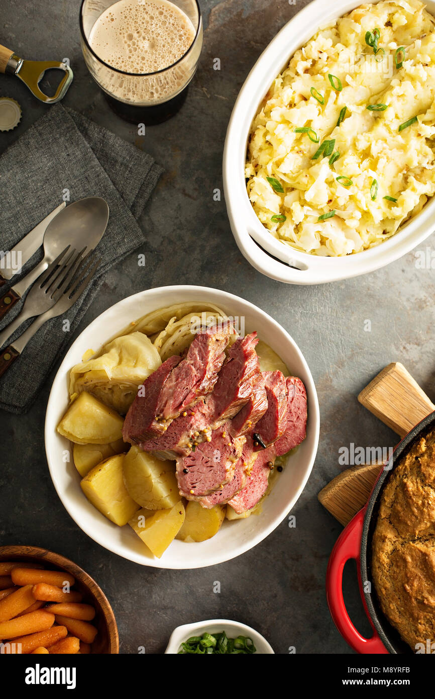 Traditional Irish dinner with corned beef and colcannon Stock Photo - Alamy