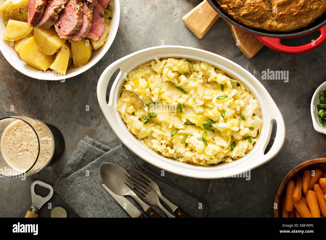 Traditional Irish dinner with corned beef and colcannon Stock Photo - Alamy