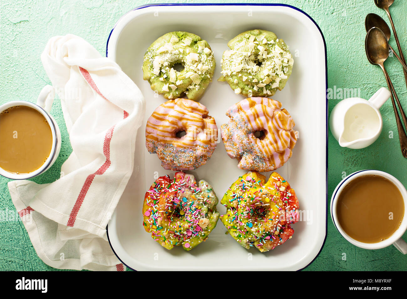 Variety of donuts in a wooden box Stock Photo - Alamy