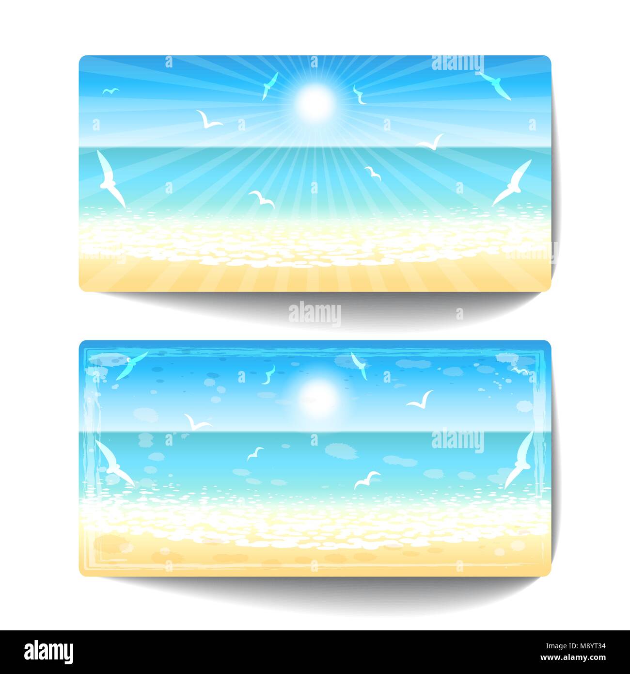 Two banners of sand beach at sunset time. Vector illustration Stock ...