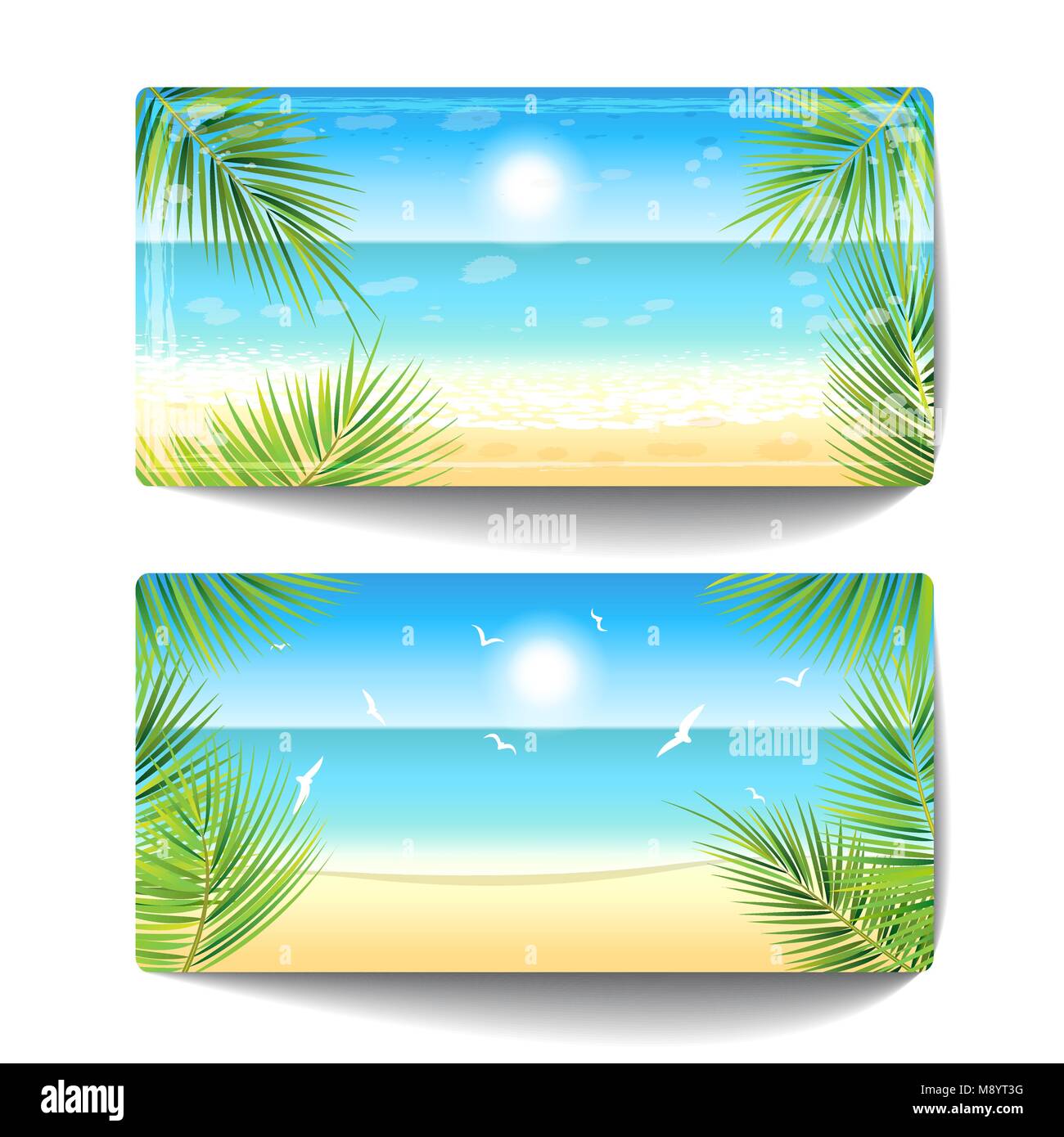 Two banners of sand beach at sunset time. Vector illustration Stock ...