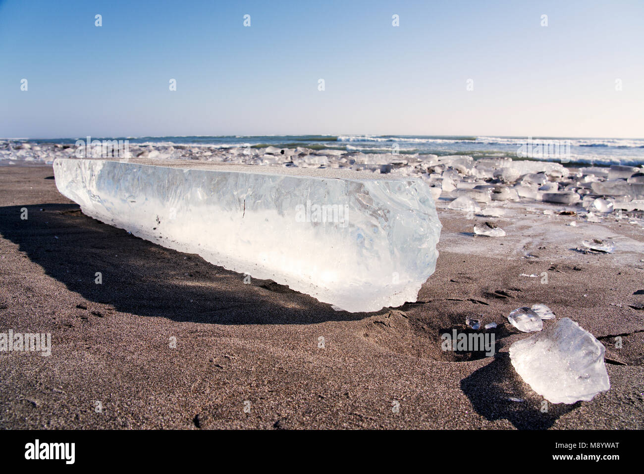 Frozen Ice (Jewelry Ice) from Tokachi River washed ashore at Otsu coast ...