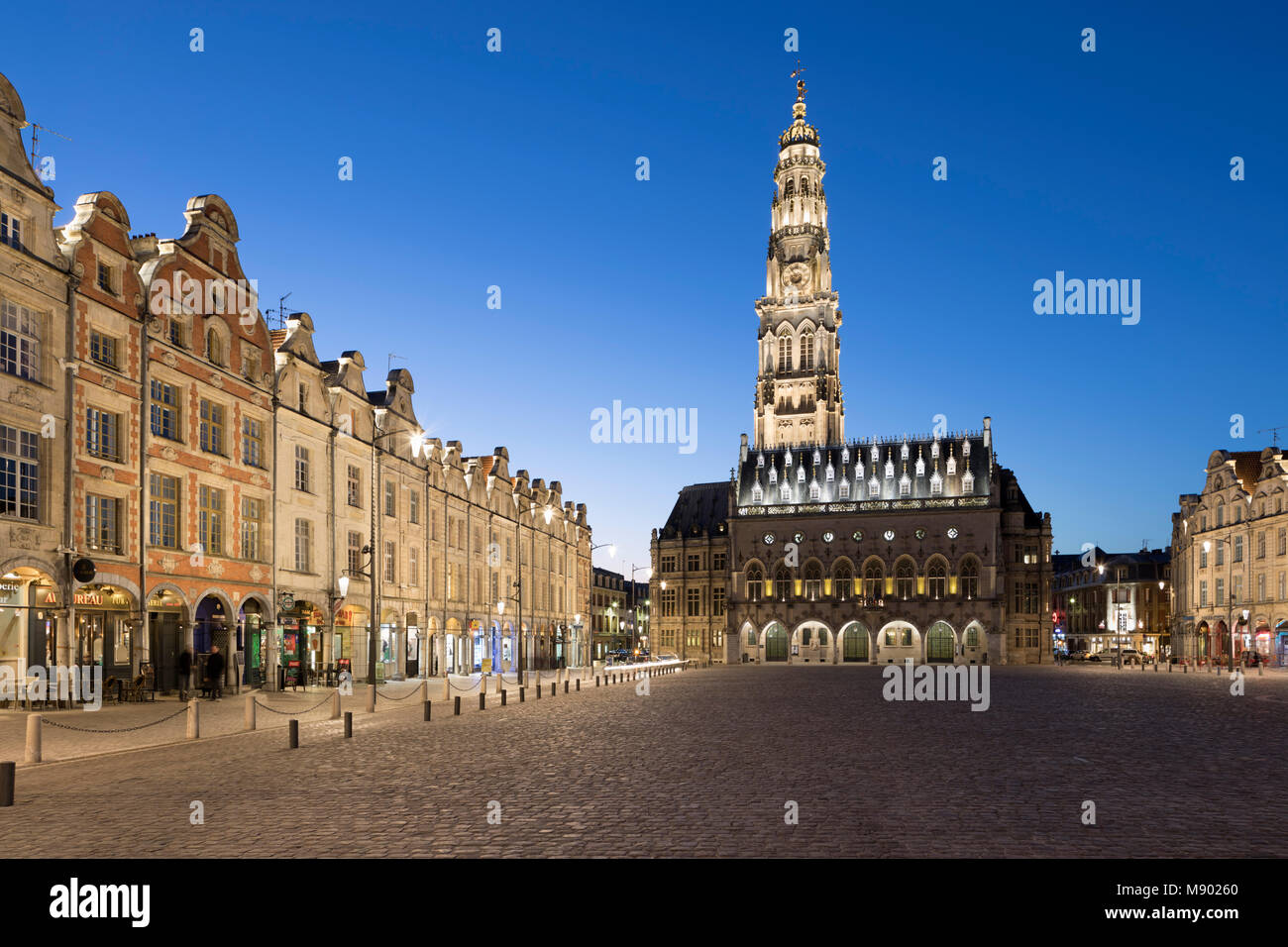 Place des Heros and the Town Hall and belfry floodlit at night, Arras ...