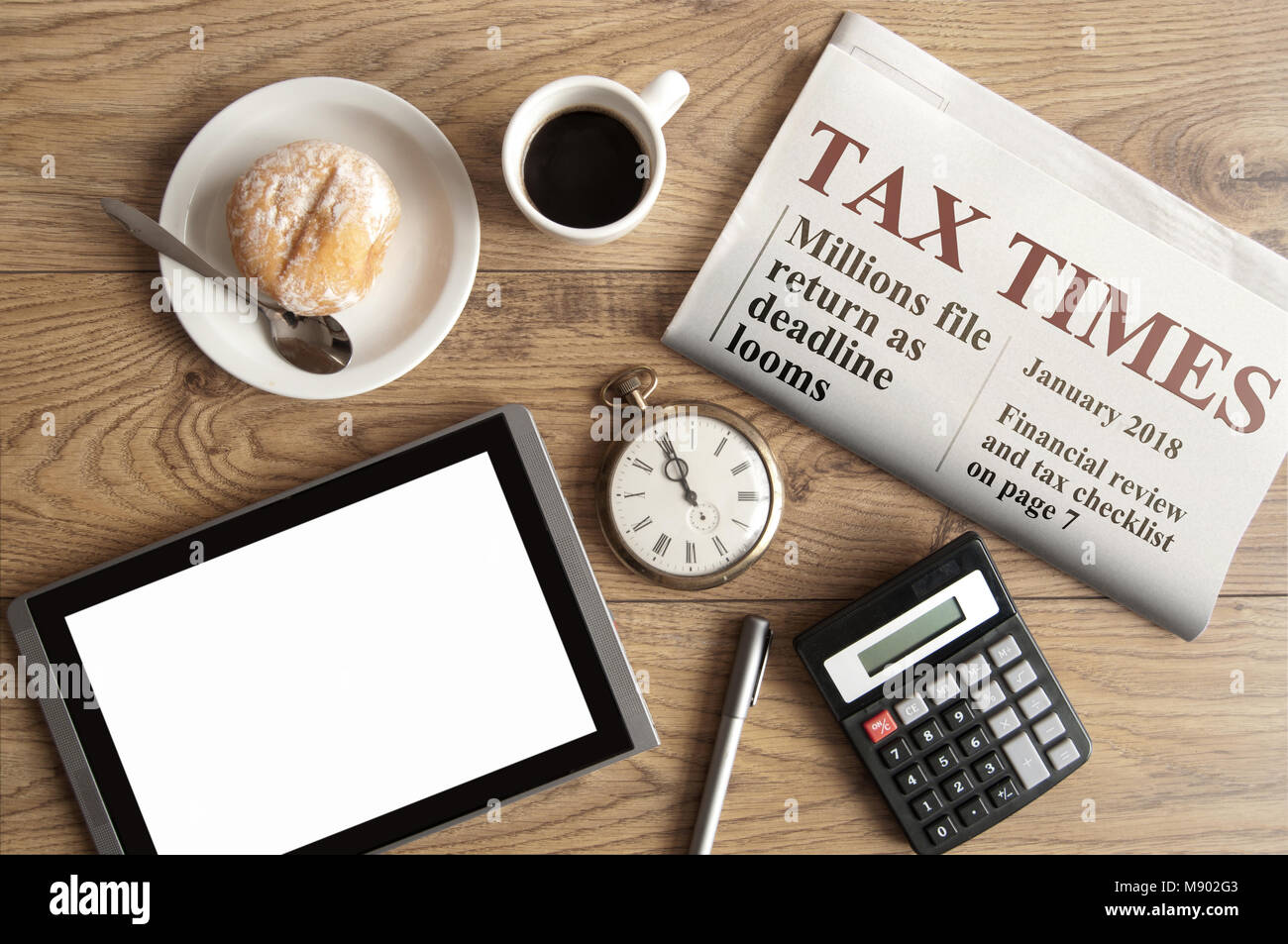 Tax times mock up newspaper with clock, calculator and blank tablet ...