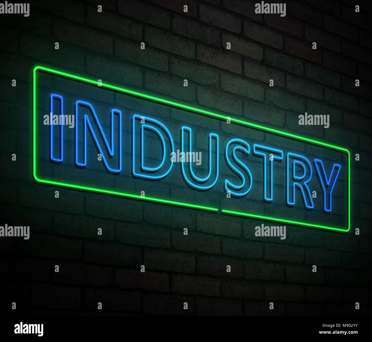 3d Illustration depicting an illuminated neon sign with an industry ...