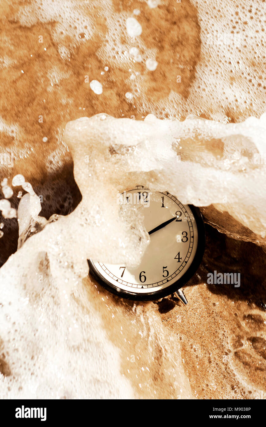 high angle view of an alarm on the seashore covered by the foam of the ...