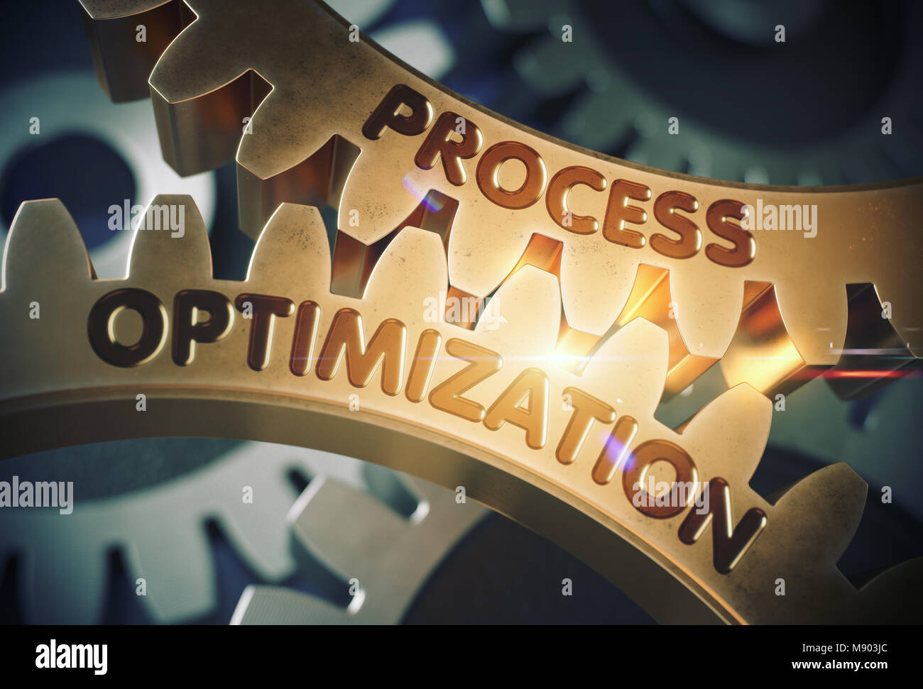 Process Optimization on Golden Cogwheels. 3D Illustration Stock Photo ...