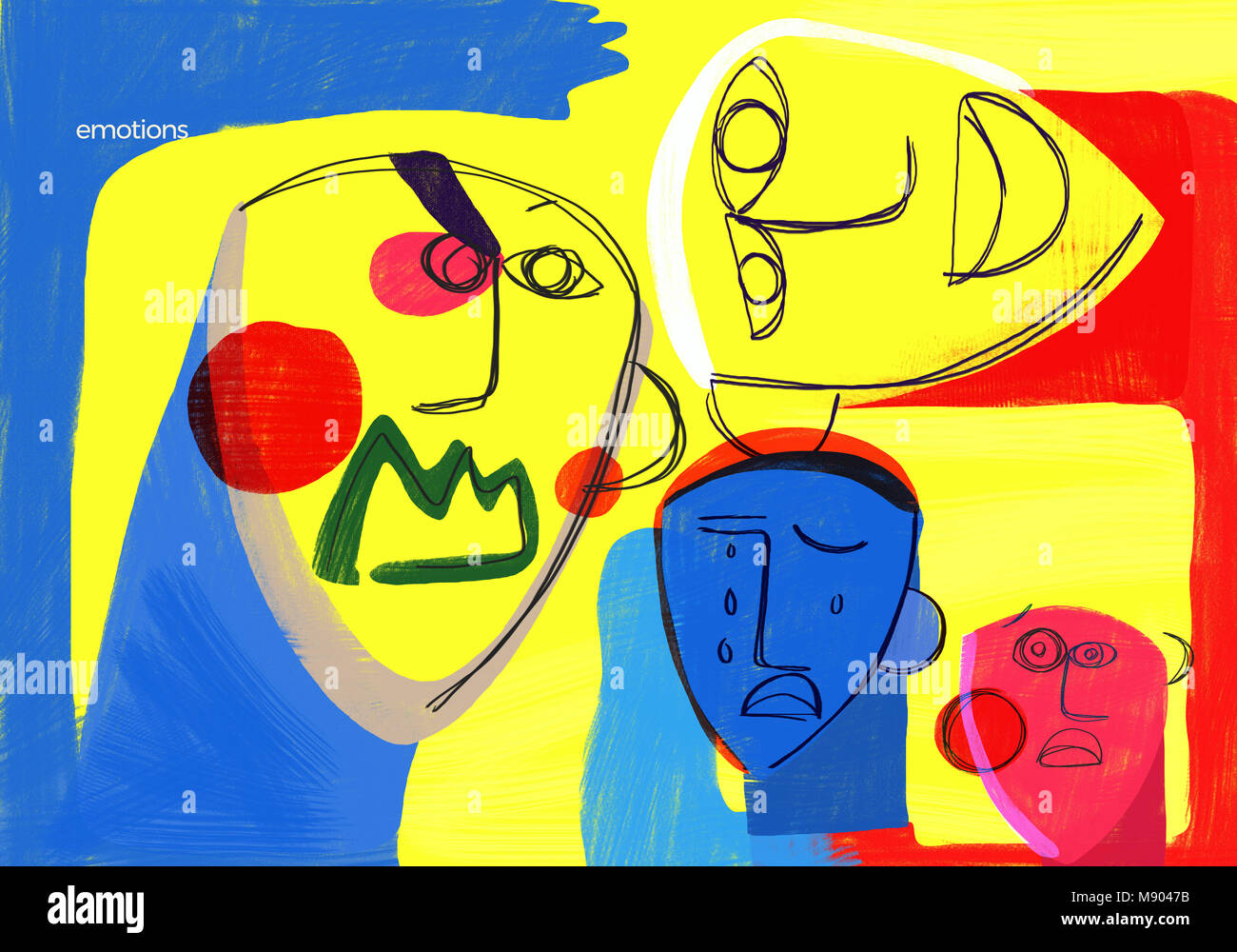 Social emotions. Expressive human faces show emotions in a colorful and ...