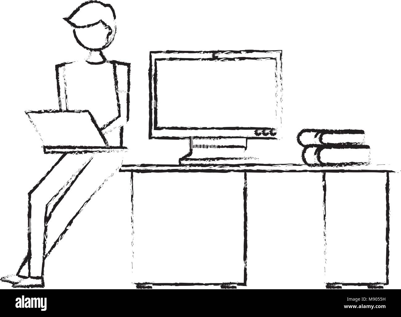 smiling man sitting on desk with laptop books and pc Stock Vector Image ...