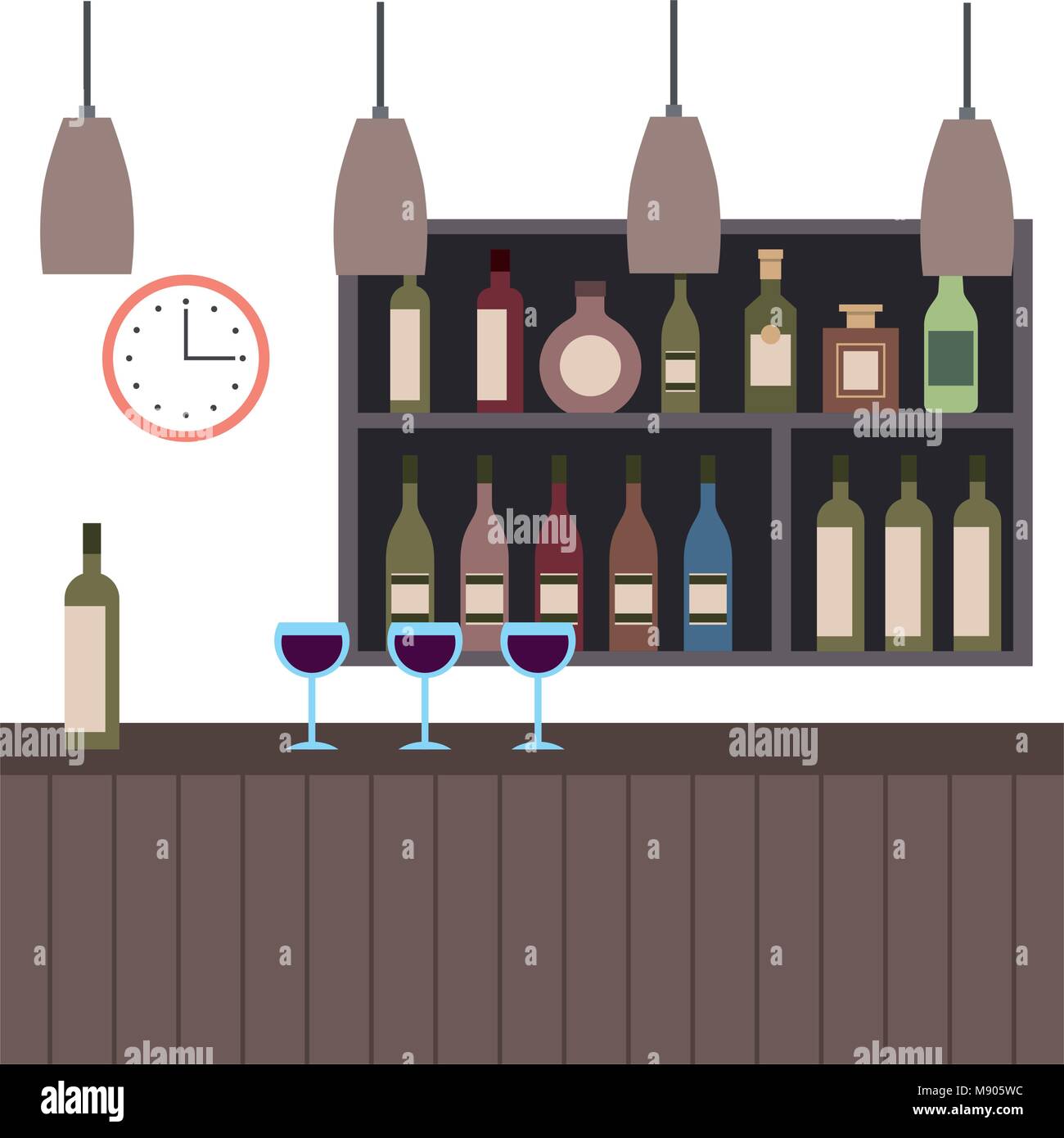 bar restaurant interior shelf counter beverage alcohol and glass cups ...