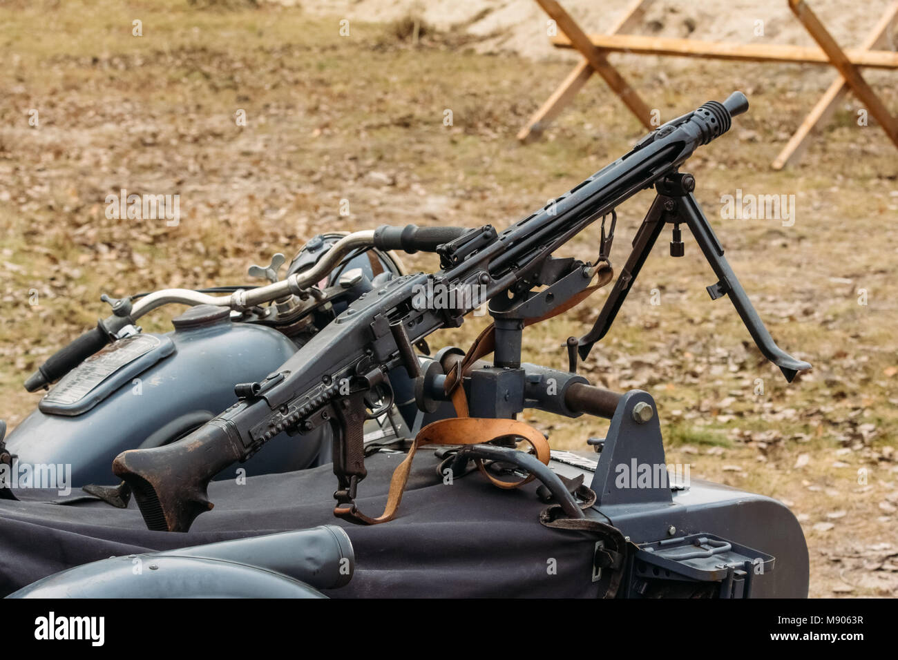 Machine gun of the German Army Wehrmacht MG-42 mounted on a motorcycle ...