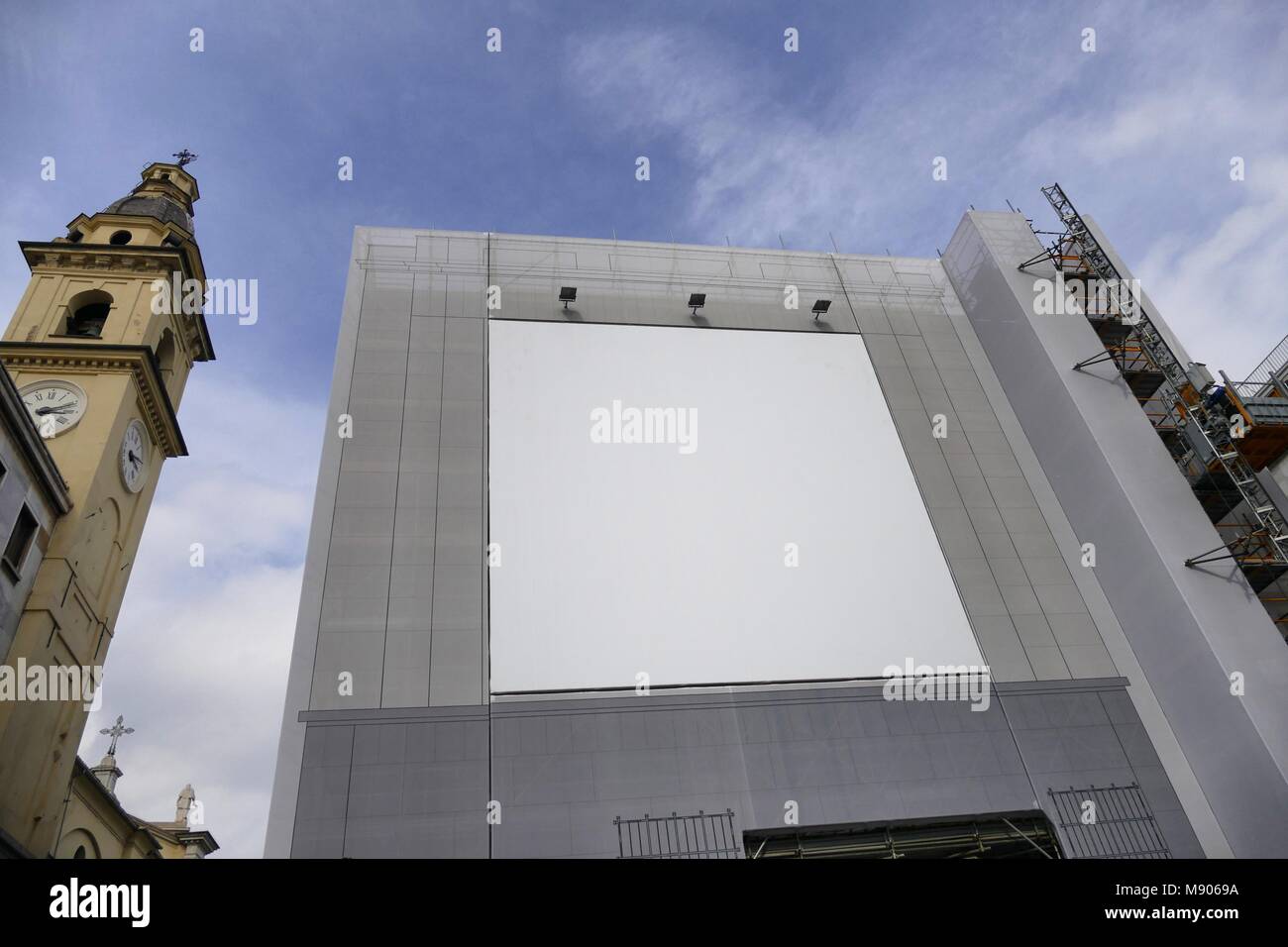 Blank advertising frame on display covering a building site Turin Italy ...