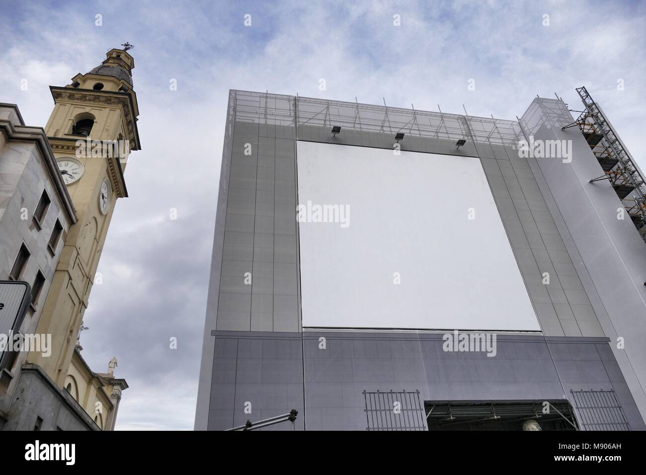 Blank advertising frame on display covering a building site Turin Italy ...