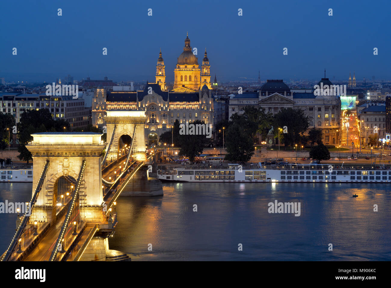Szechenyi chain bridge and Pest view with St. Stephen's Basilica at ...