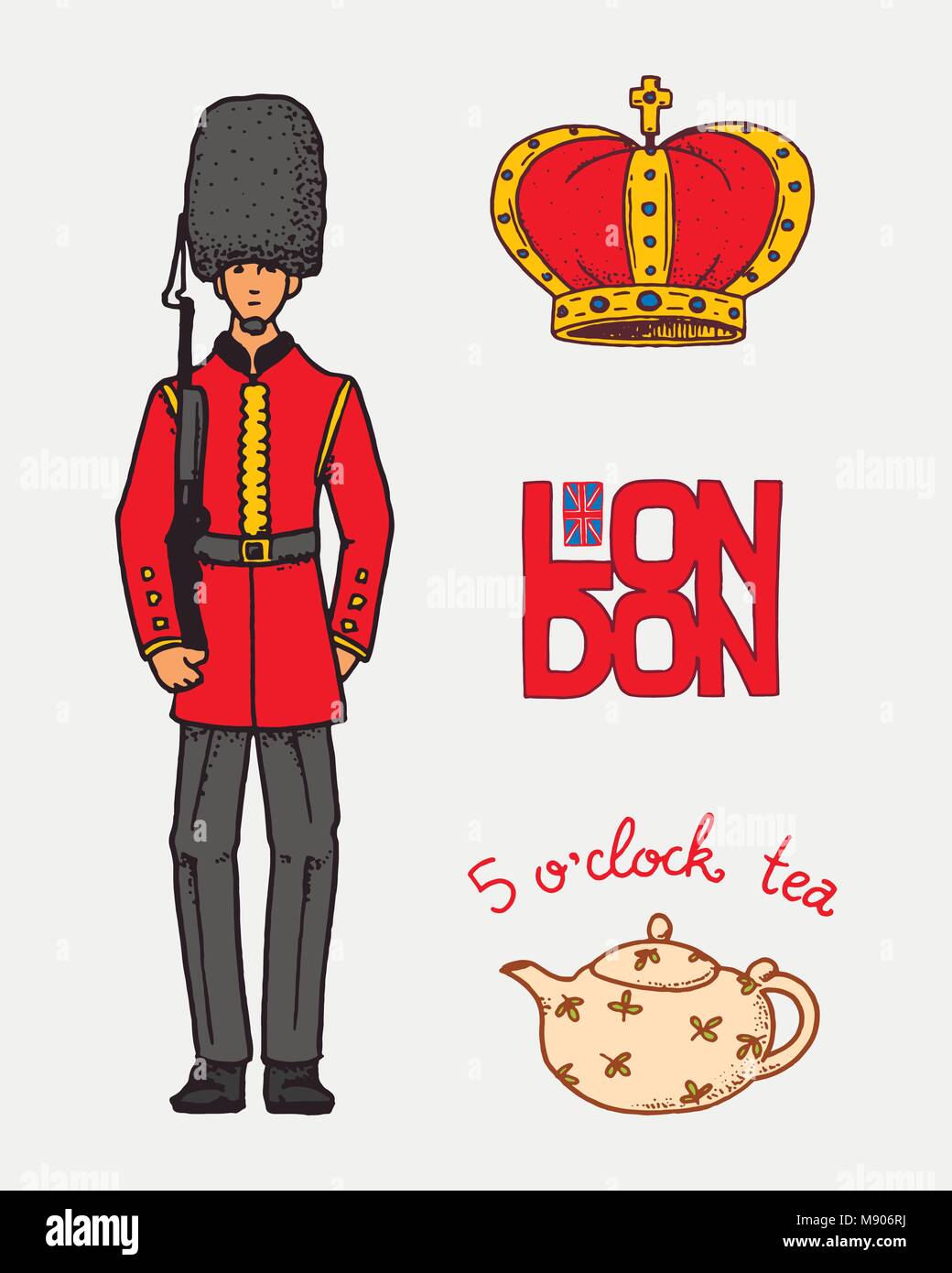 British, Crown and Queen, teapot with tea and royal guard, London and ...