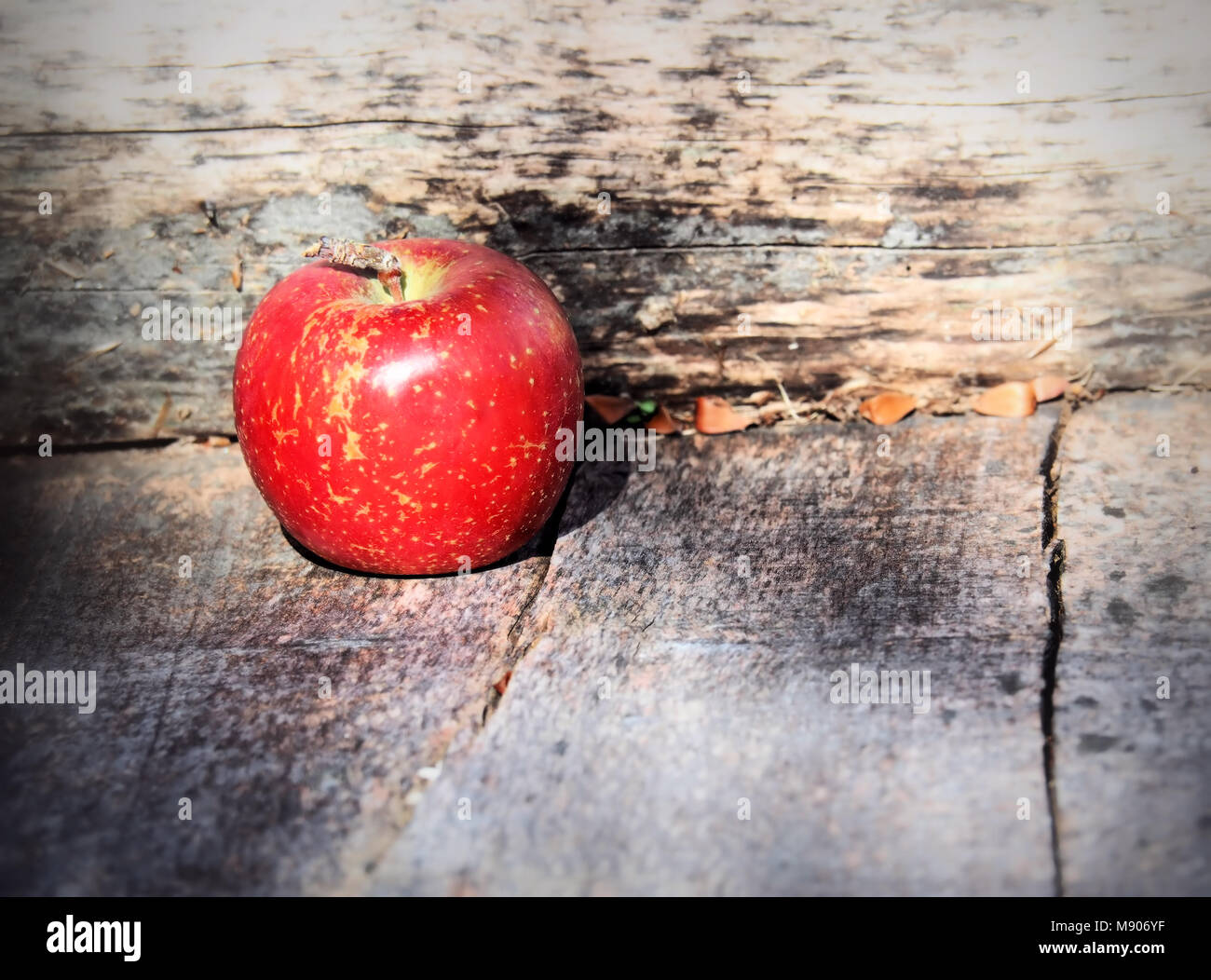 Red Fuji apple on weathered rustic bench Stock Photo - Alamy