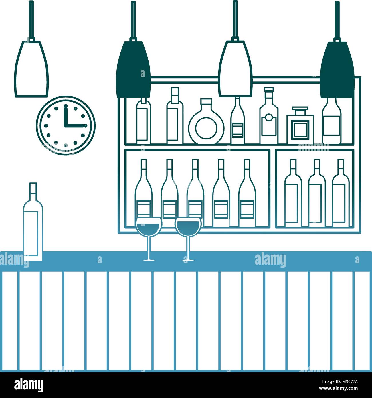 bar restaurant interior shelf counter beverage alcohol and glass cups ...