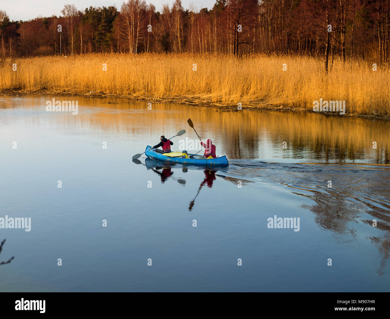 Sosnovy Bor, Russia - April 7, 2016: Tourists floating on the river ...