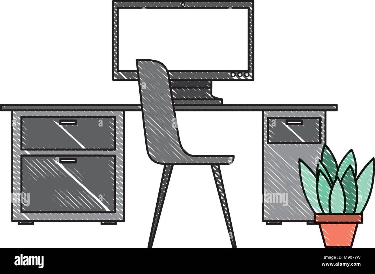 workspace office desk computer chair potted plant Stock Vector Image ...