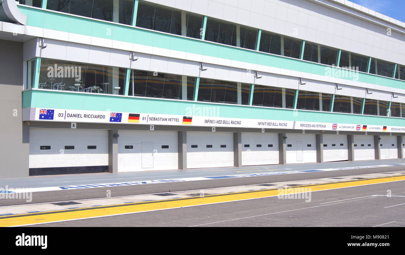 SINGAPORE - APR 2nd 2015: Pit lane and start finish line of the Formula ...