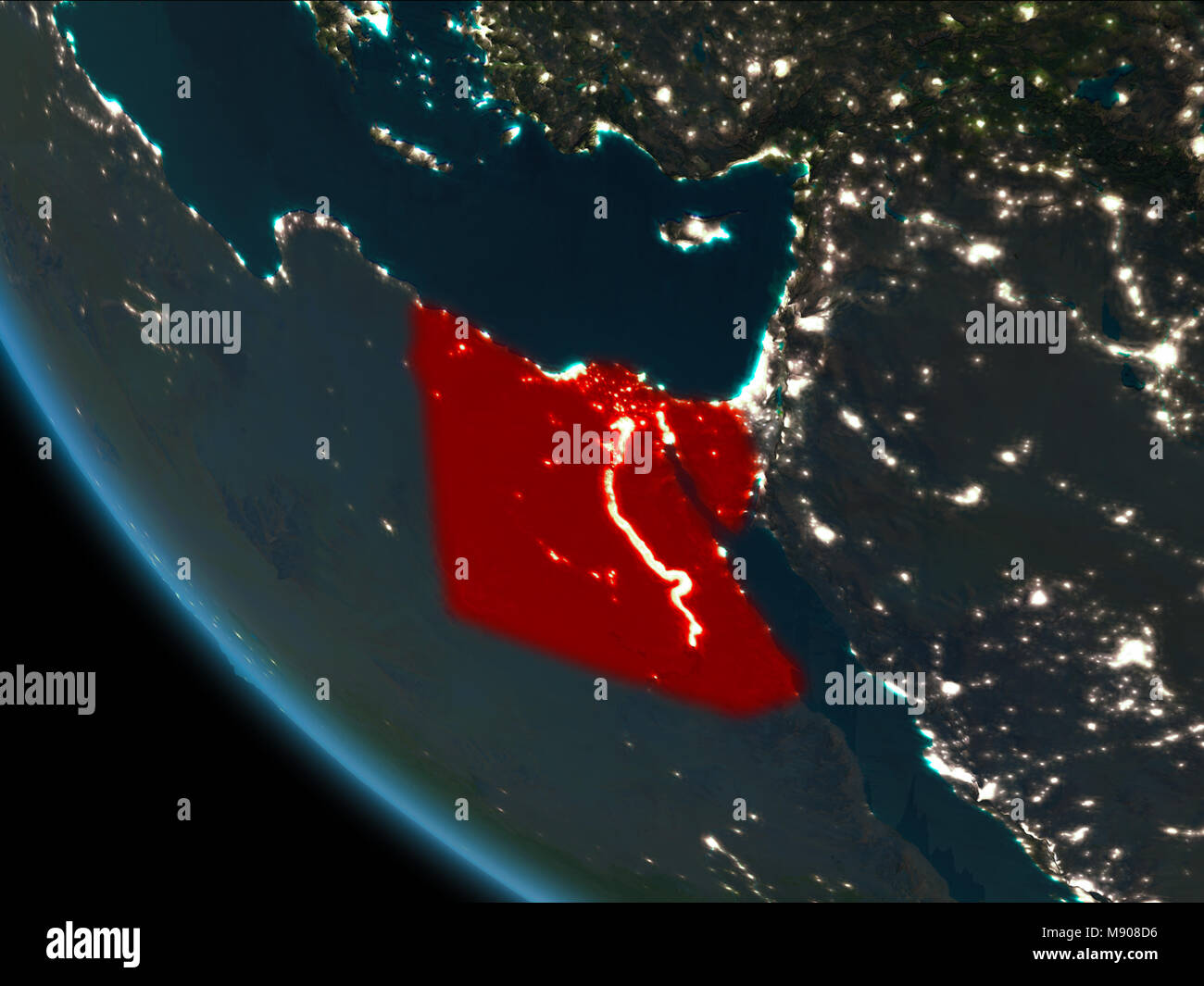 Egypt from orbit of planet Earth at night with highly detailed surface ...