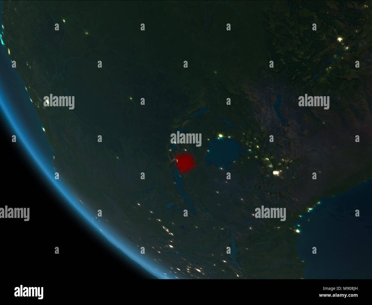 Burundi from orbit of planet Earth at night with highly detailed ...