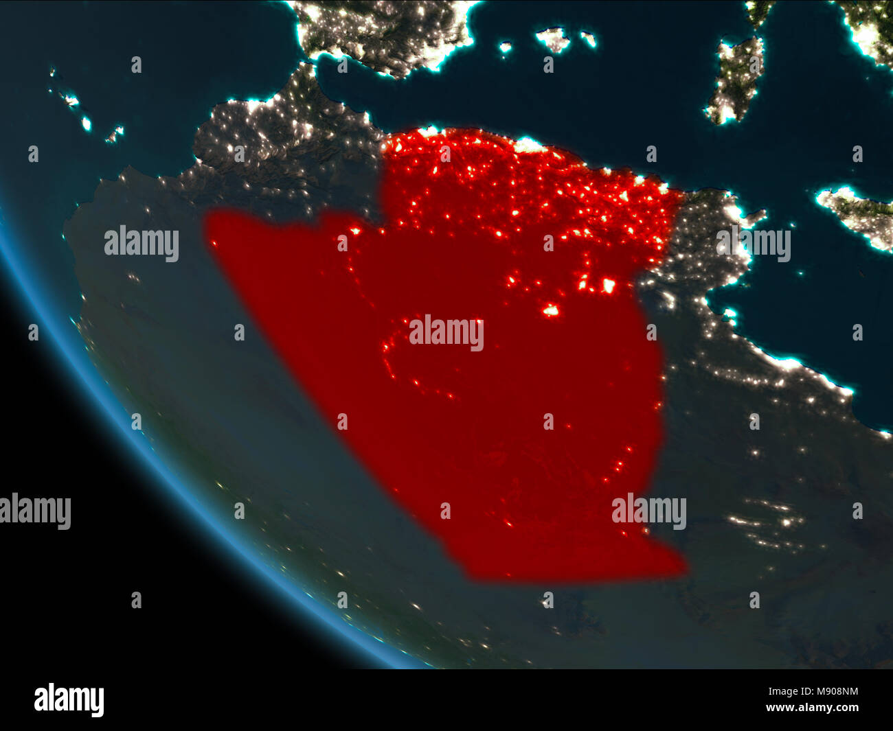Algeria from orbit of planet Earth at night with highly detailed ...