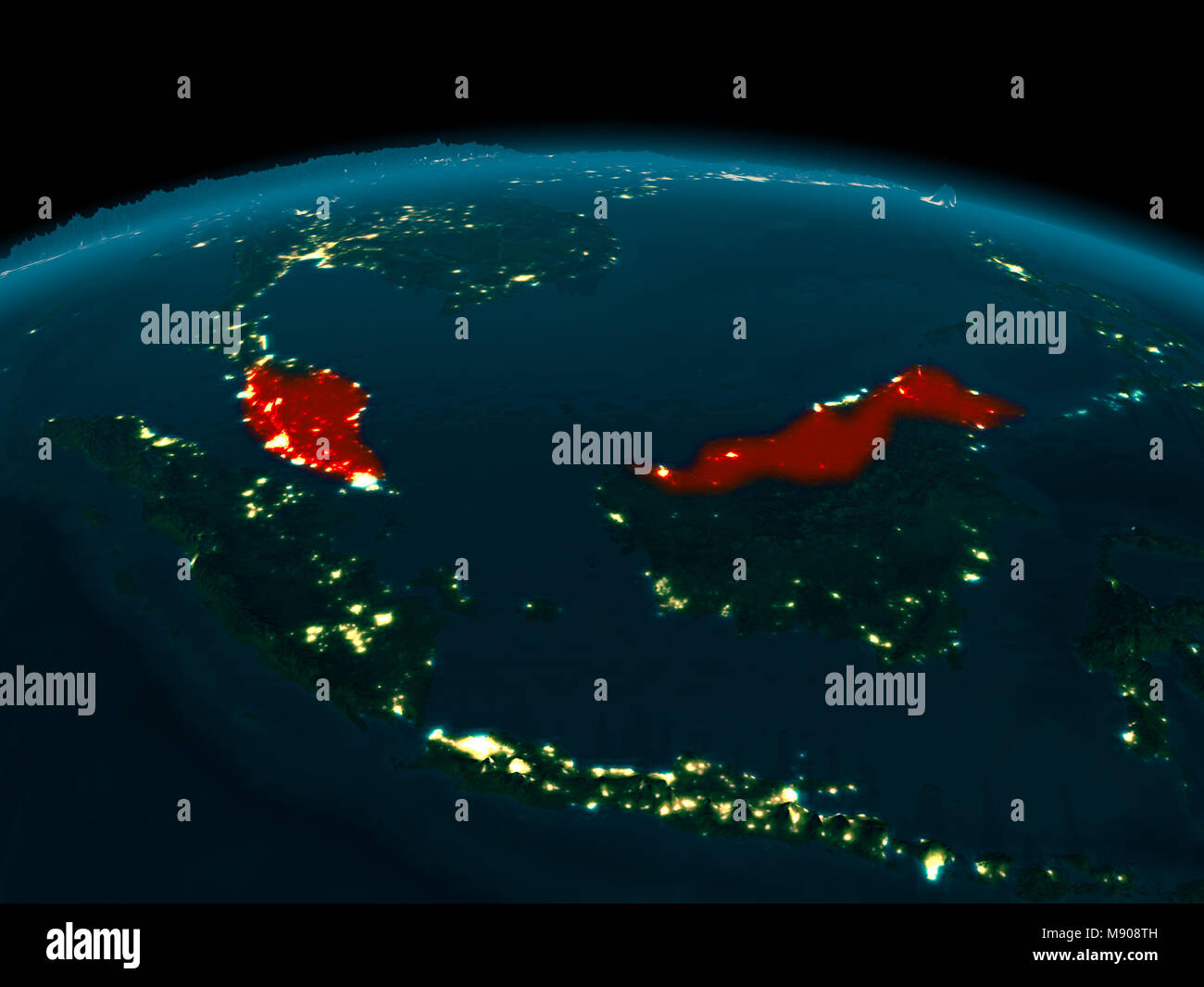 Country of Malaysia in red on planet Earth at night. 3D illustration ...