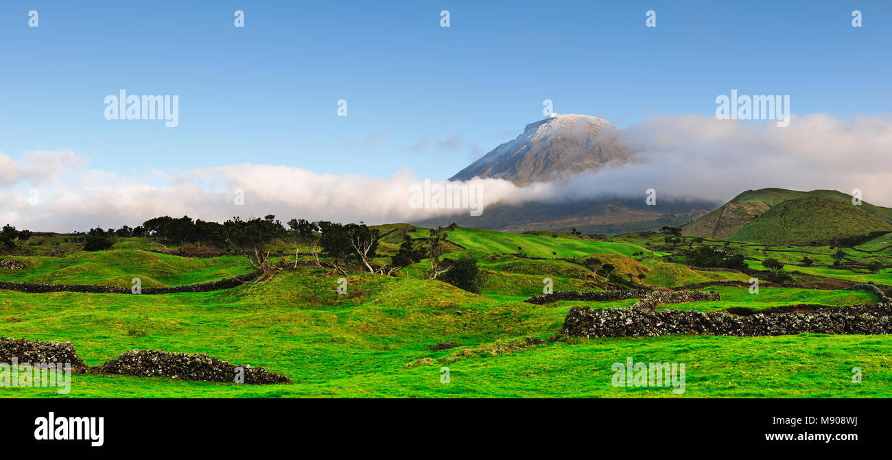 The volcano covered with snow, 2351 meters high, at the Pico island ...