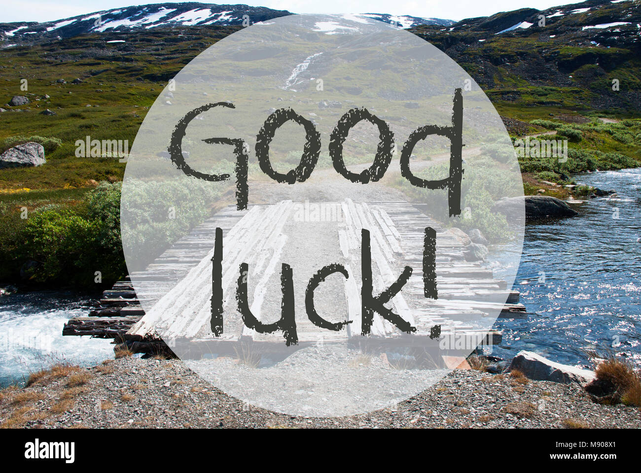 English Text Good Luck. Wooden Foot Bridge In Norway. Mountains And ...