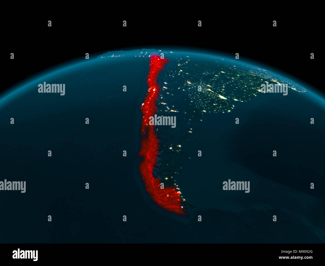 Country of Chile in red on planet Earth at night. 3D illustration ...
