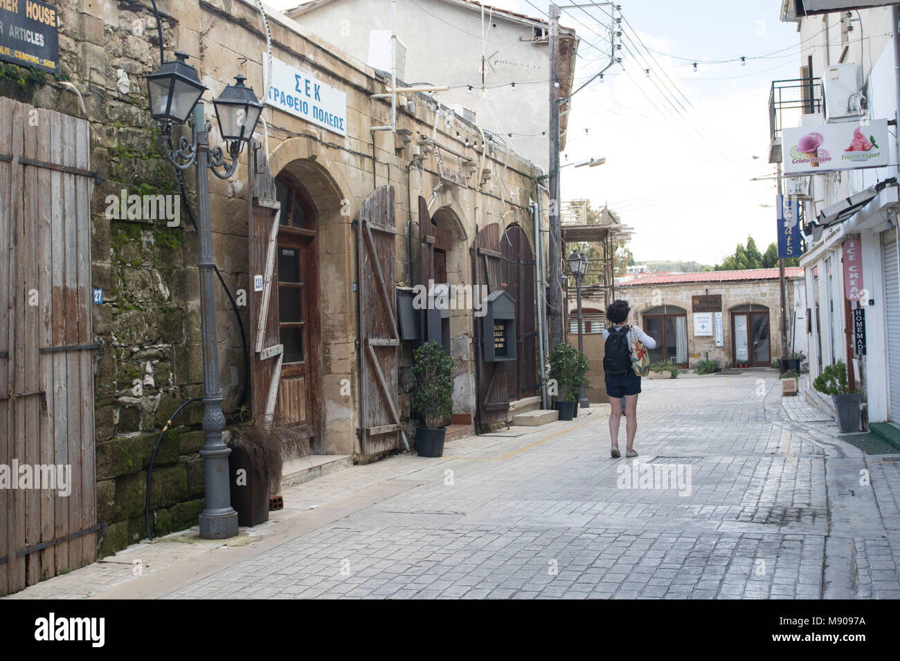 Lone tourist in the old town area of Polis, Paphos district, Cyprus ...