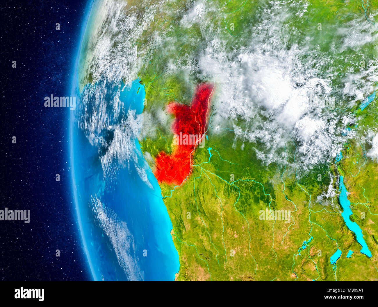Map of Congo as seen from space on planet Earth with clouds and ...