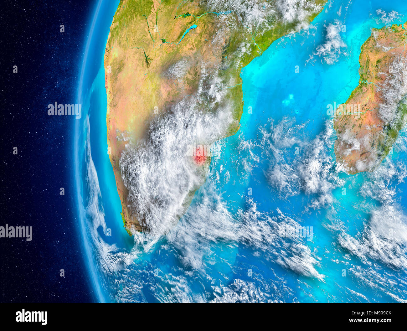 Map of Swaziland as seen from space on planet Earth with clouds and ...