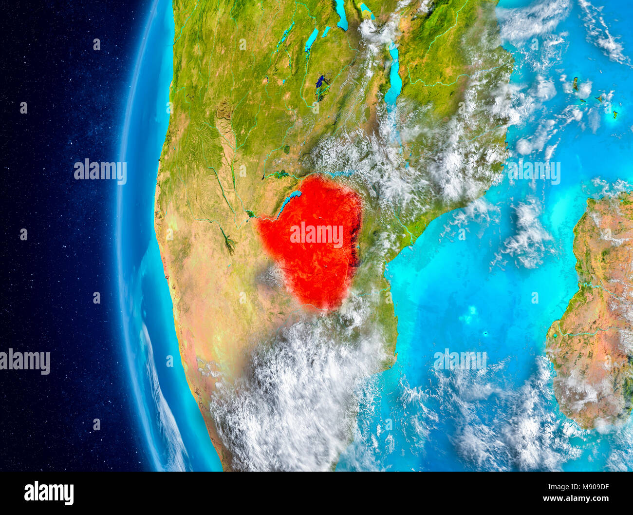 Map of Zimbabwe as seen from space on planet Earth with clouds and ...