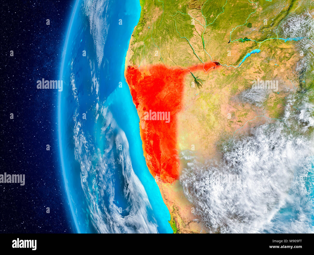 Map of Namibia as seen from space on planet Earth with clouds and ...