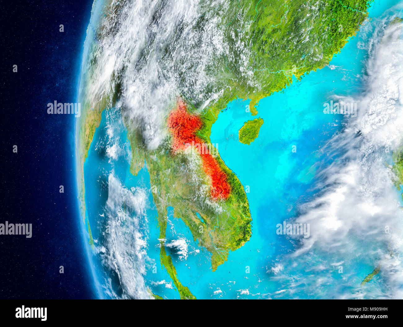 Map of Laos as seen from space on planet Earth with clouds and ...