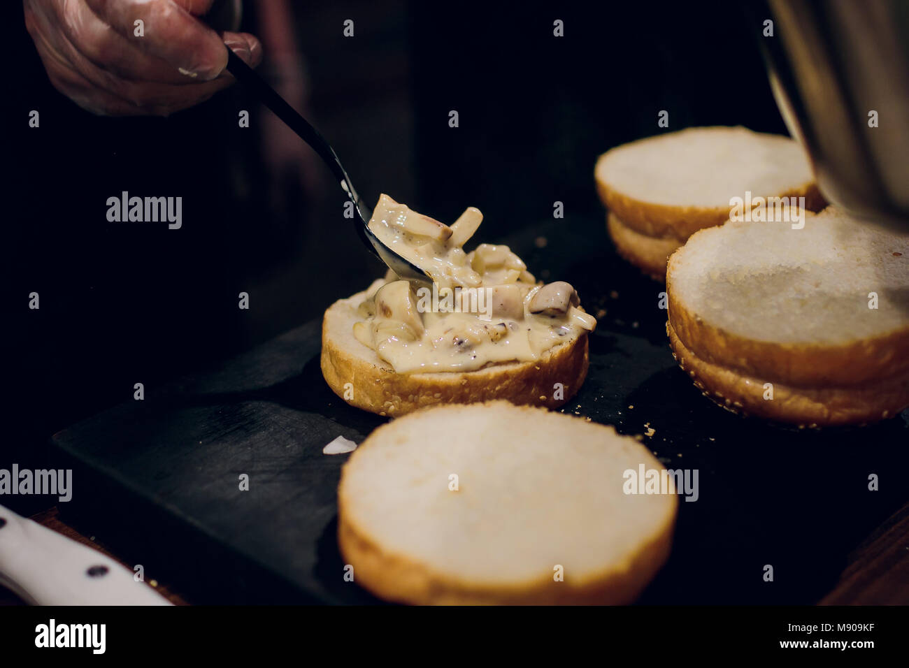 open sandwich, burger sandwich with hamburger, mushrooms Food Stock ...